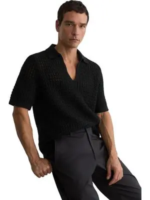 REISS Crochet Open-collar Polo Shirt Black