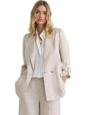 REISS Linen-blend Textured Double-breasted Blazer - Neutral