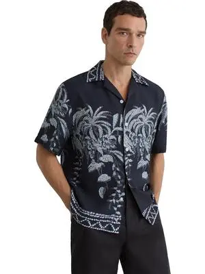 REISS Palm-print Cuban-collar Shirt Navy