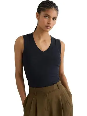 REISS Stretch-cotton Rib Ruched V-neck Vest - Navy