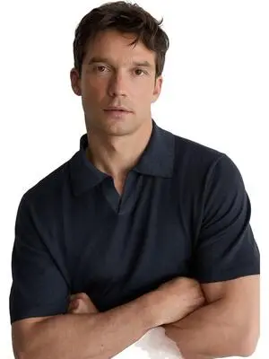 REISS Pigt-dyed Merino Wool Open-collar Polo Shirt - Navy