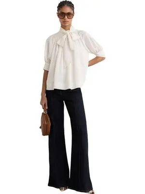 REISS Tie-neck Short-sleeve Blouse - Ivory