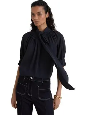 REISS Tie-neck Short-sleeve Blouse - Navy