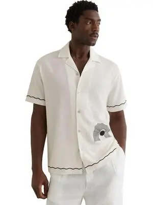 REISS Textured Motif-print Cuban-collar Shirt - White