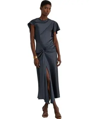 REISS Satin Drape-detail Midi Dress - Grey