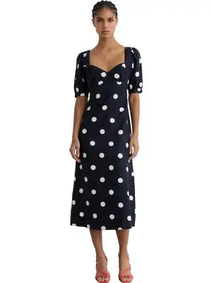 REISS Linen Puff-sleeve Polka-dot Midi Dress - Navy/cream
