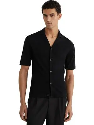 REISS Merino Wool Cuban-collar Shirt Black