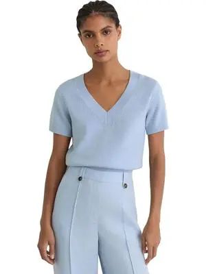 REISS Cotton-wool Knit V-neck Top - Soft Blue