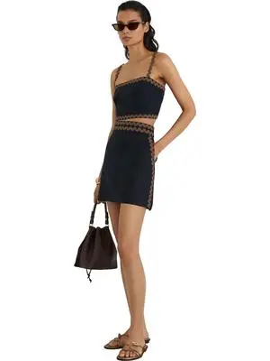 REISS Linen Wave-trim Mini Skirt - Navy/brown
