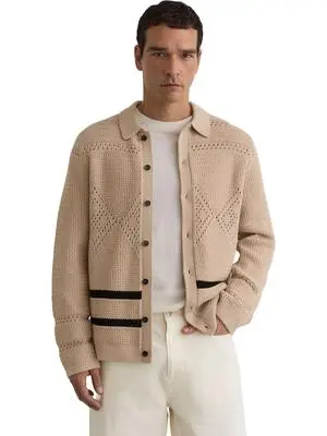 REISS Kian Crochet-knit Button-through Jacket - Stone