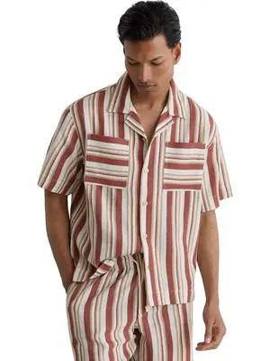 REISS Blue & Ecru Striped Cuban-collar Shirt - Red/stone