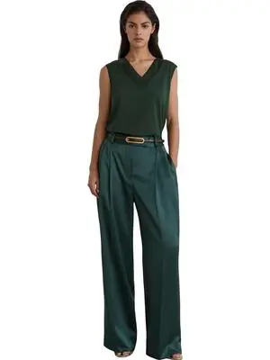 REISS Cotton- Silk-trim Sleeveless Top - Teal Green