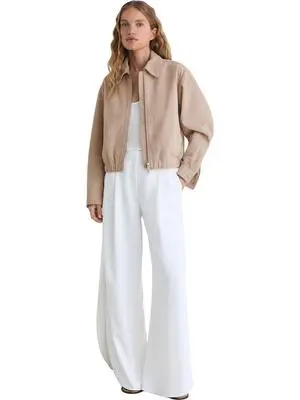 REISS Lottie Cropped Suede Bomber Jacket - Neutral