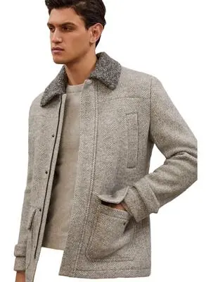 REISS Atelier Wool-cotton Herringbone Jacket With Faux Shearling Collar - Grey