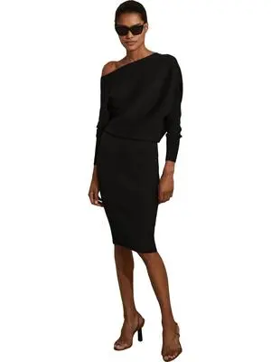 REISS Ribbed Off Shoulder Midi Dress - Black