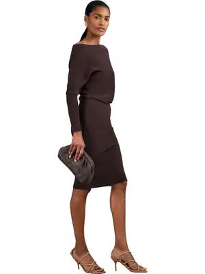 REISS Ribbed Off Shoulder Midi Dress - Brown