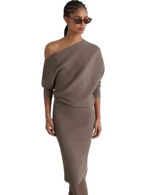 REISS Ribbed Off Shoulder Midi Dress - Neutral