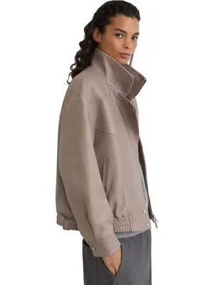 REISS Petra Textured Leather Jacket - Grey