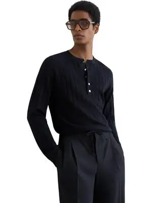 REISS Wide-rib Knit Henley Jumper - Navy