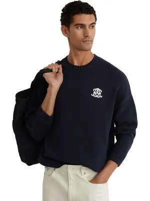 REISS Monogram-embroidered Relaxed Jumper - Navy