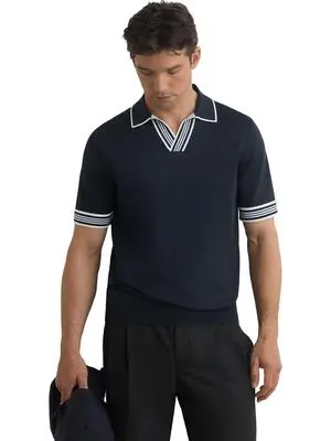 REISS Tipped Open-collar Knitted Polo Shirt - Navy