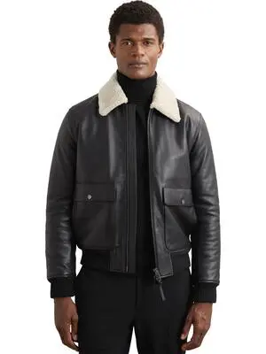 REISS Leather Shearling Collar Bomber Jacket - Black