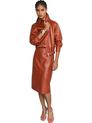 REISS Leather Midi Pencil Skirt - Rust Orange