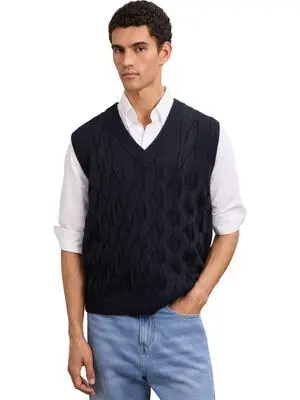 REISS Walton Wool Cable-knit V-neck Vest - Navy