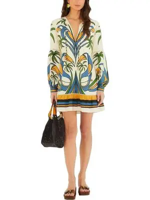 Farm Rio Sand Tropical Graphic Lace Ruffled Mini Dress - Neutrals