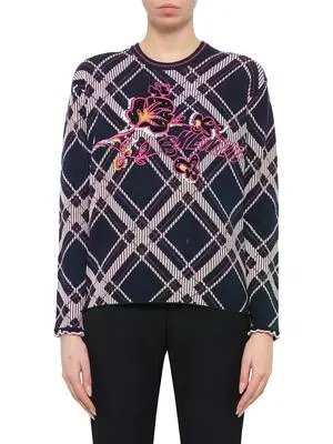 Kenzo Floral Embroidered Checkered Sweater - Blue