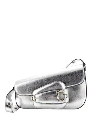 Gucci Horsebit 1955 Asymmetric Leather Small Shoulder Bag Silver
