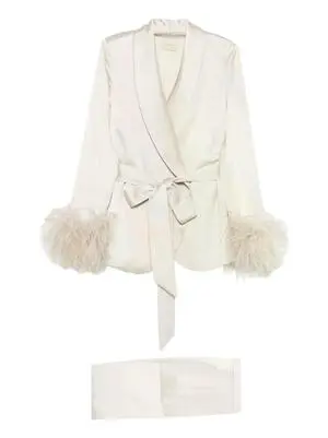 THE ARCHIVIA Feather-trim Belted Suit - Neutrals