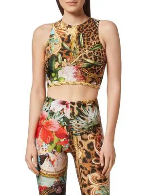 Philipp Plein Cropped Graphic Print Halterneck Jersey Top - Multicolor