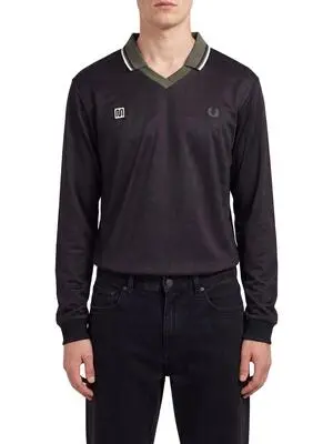 Fred Perry Long-sleeve V-neck Cotton-blend Polo With Embroidered Logo - Black