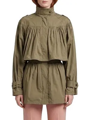 Chloé Cropped Cotton Poplin Trench Coat With High Neck And Epaulettes - Green