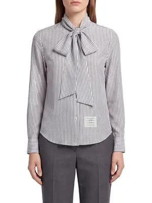 Thom Browne Striped Shirt With Tie Neck - Grey
