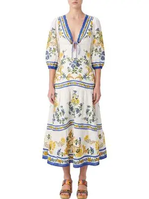 Farm Rio Floral Linen-blend Midi Dress With Balloon Sleeves - White