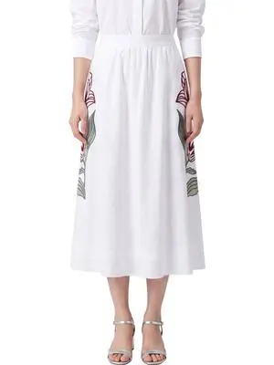Farm Rio Off- Flower Floral Print Linen A-line Midi Skirt - White