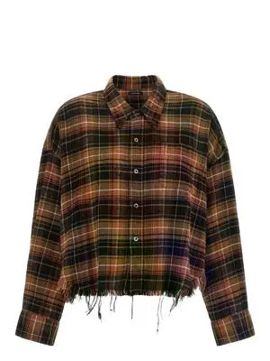 R13 Cropped Tartan Shirt With Frayed Hem - Brown