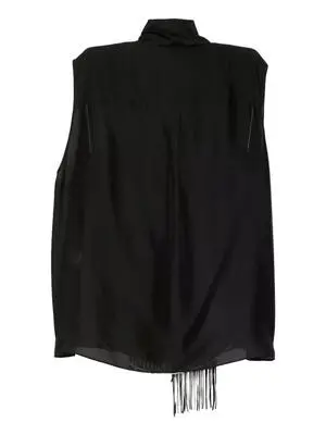 LESS Silk Tie Blouse With Fringe Detail - Black