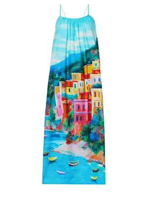 DHARA SHETH, DUBAI Green / Blue La Dolce Riviera Mediterranean Print Spaghetti Strap Cotton Maxi Dress Blue,green & Multicolor - Green/blue