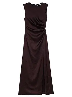 Maje Draped Round-neck Satin-effect Maxi Dress - Brown