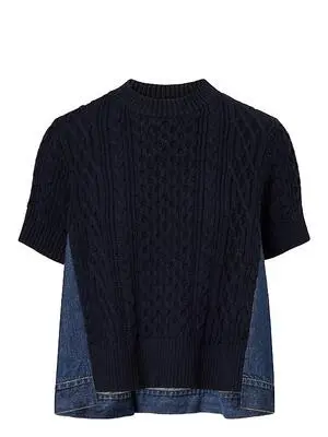 Sacai Short Sleeve Cable Knit Top With Denim Back - Navy