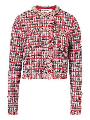 SELF-PORTRAIT Check Frayed Cotton-blend Jacket - Red