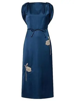 Erdem Floral-embroidered Fitted Satin Midi Dress - Navy