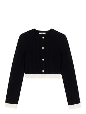 Maje Cropped Cardigan With Gold-tone Buttons And Embroidered Paneling - Black