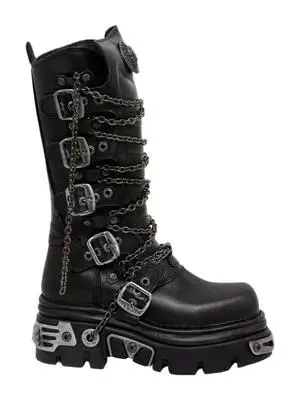 NEW ROCK Chain-embellished Buckle-fastening Boots - Black