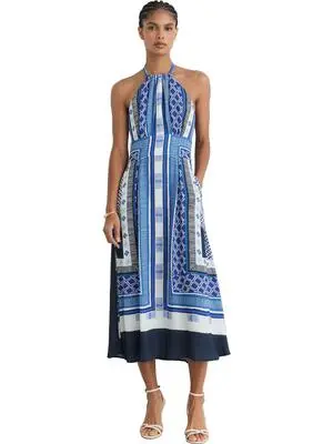 REISS Halterneck Midi Dress With Scarf Print - Blue