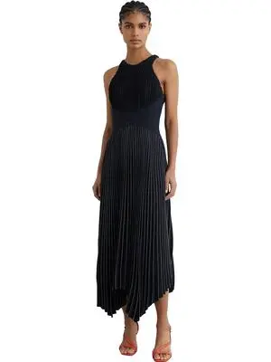REISS Pleated Sleeveless Midi Dress - Navy