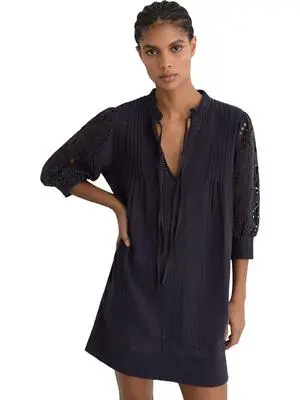 REISS Cotton Cheesecloth Broderie Mini Dress - Navy